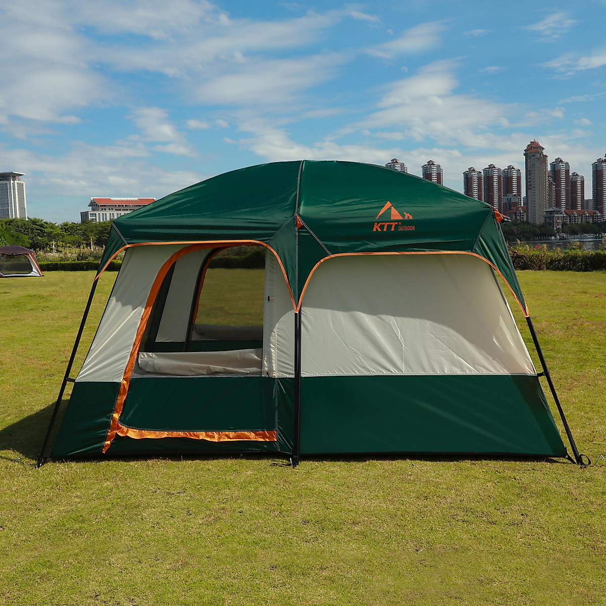 KTT Large Tent 6 Person,Family Cabin Tents,Straight Wall,3 Doors and 3 Windows with Mesh,Waterproof,Big Tent for Outdoor,Picnic,Camping,Family,Friends Gathering(Green)