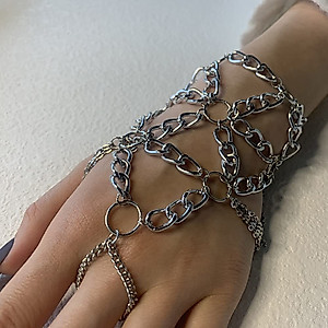 Asphire Gothic Metal Bracelet with Finger Ring Chain Tassel Braided Mesh Punk Slave Bracelet Cosplay Party Harness Bracelet for Festival Costume Hand Jewelry Accessories (Silver)
