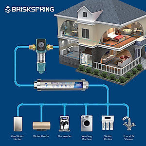 BriskSpring Self-Cleaning Spin Down Sediment Water Filter, Automatic Rotating Scraper Filter Screen, 40 Micron Reusable Whole House Water Filter System, 1" MNPT + 3/4" FNPT, Water Pressure Gauge