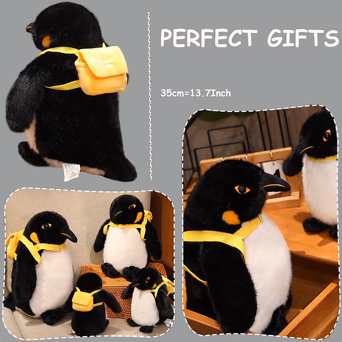 ELAINREN Plush Travel Penguin with Backpack,Realistic Black Penguin Stuffed Toy Lifelike Furry Penguin Plushie Doll Gifts/13.7Inch