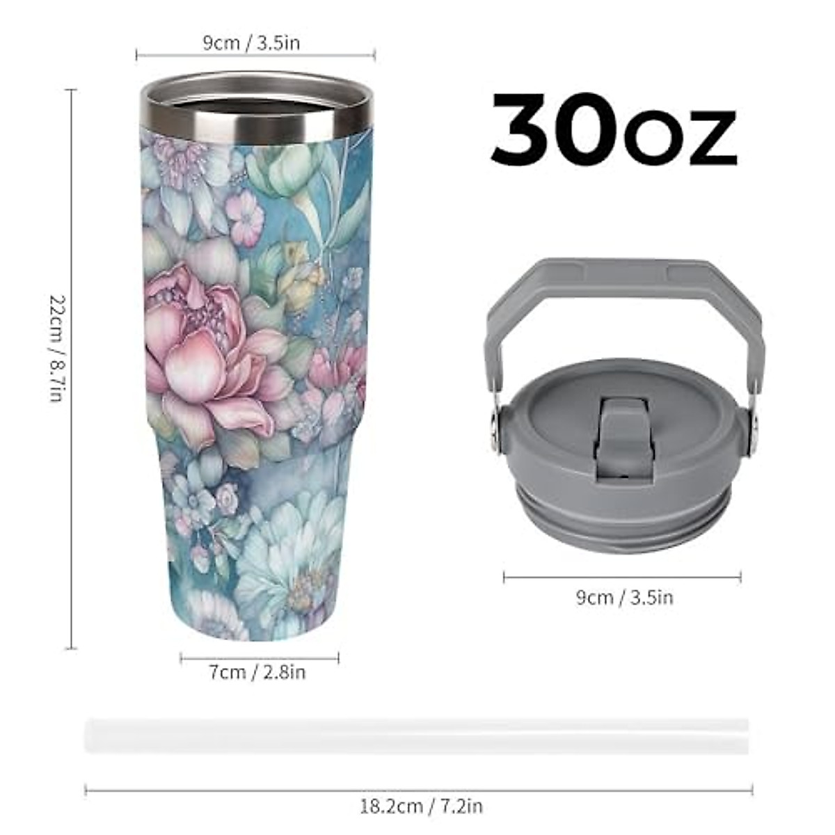 YTLKGFP 30 Oz Large Capacity Car Cup Blue Style Flowers Tumbler with Handle Straw Lid Insulated Stainless Steel Water Bottle Travel Mug Leak-proof Car Cup Keeps Cold Or Hot