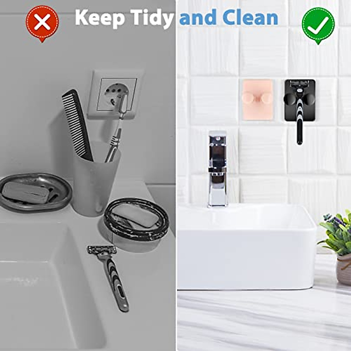 4 Pack Razor Holder for Shower Wall Mount, Adjustable Waterproof Self Adhesive Shaver Holders, Razor Holder Compatible with Most of Shavers, for Key, Plug, Makeup Brush, Bathroom Kitchen Organizer