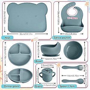 8 Pack Baby Feeding Eating Supplies Silicone Suction Divided Plate Baby Bibs Suction Bowl Silicone Placemat Silicone Spoon and Fork Silicone Cup with Straw Baby Tableware Set for Toddler (Dusty Blue)