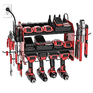 CRST Power Tool Organizer & 8-Outlet Power Strip Bundle, Cordless Drill Holder with Charging Station for Garage & Workshop