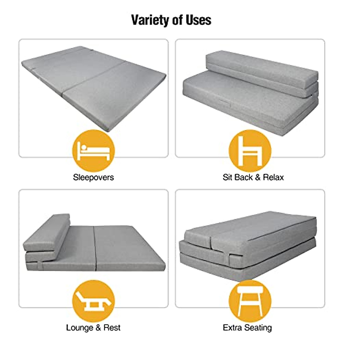 Varbucamp 4 Inch Folding Mattress, Memory Foam Portable Mattress and Sofa Bed with Washable Cover for Guest, Camping, Bedroom, Gray(80'' x 59'' x 4'')