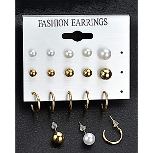 Ofeiyaa 57 Pairs Assorted Multiple Stud Hoop Earrings for Women Crystal Pearl Stud Earrings Set