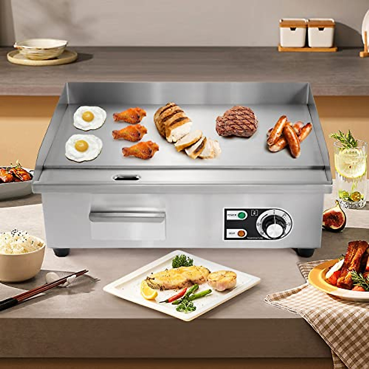 WICHEMI 22" Electric Griddle Grill Commercial Countertop Griddle Flat Top Grill Hot Plate Non-Stick Stainless Steel Teppanyaki Grill for Restaurant Kitchen, 110V 3000W