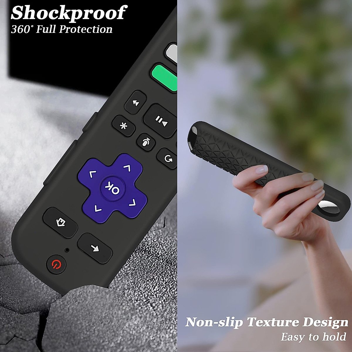 Seltureone 2 in 1 Remote Cover with AirTag Holder for Roku - Silicone Protective Case, Anti Slip Shock Absorption Washable, Black