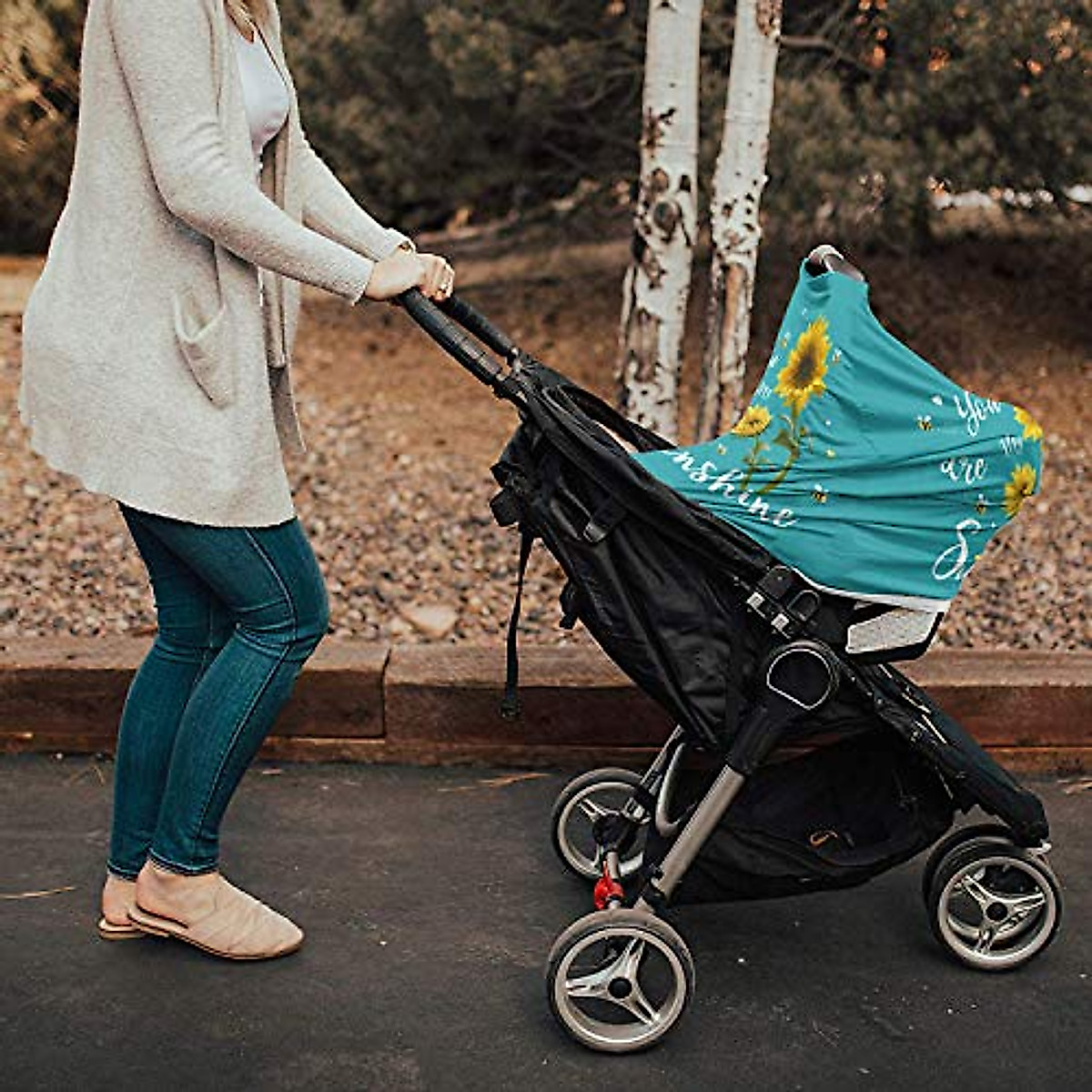 Sunflowers Baby Car Seat Covers, Nursing Cover Breastfeeding Scarf/Shawl, Infant Carseat Canopy, Stretchy Soft Breathable Multi-use Cover Ups, Bees You are My Sunshine Teal