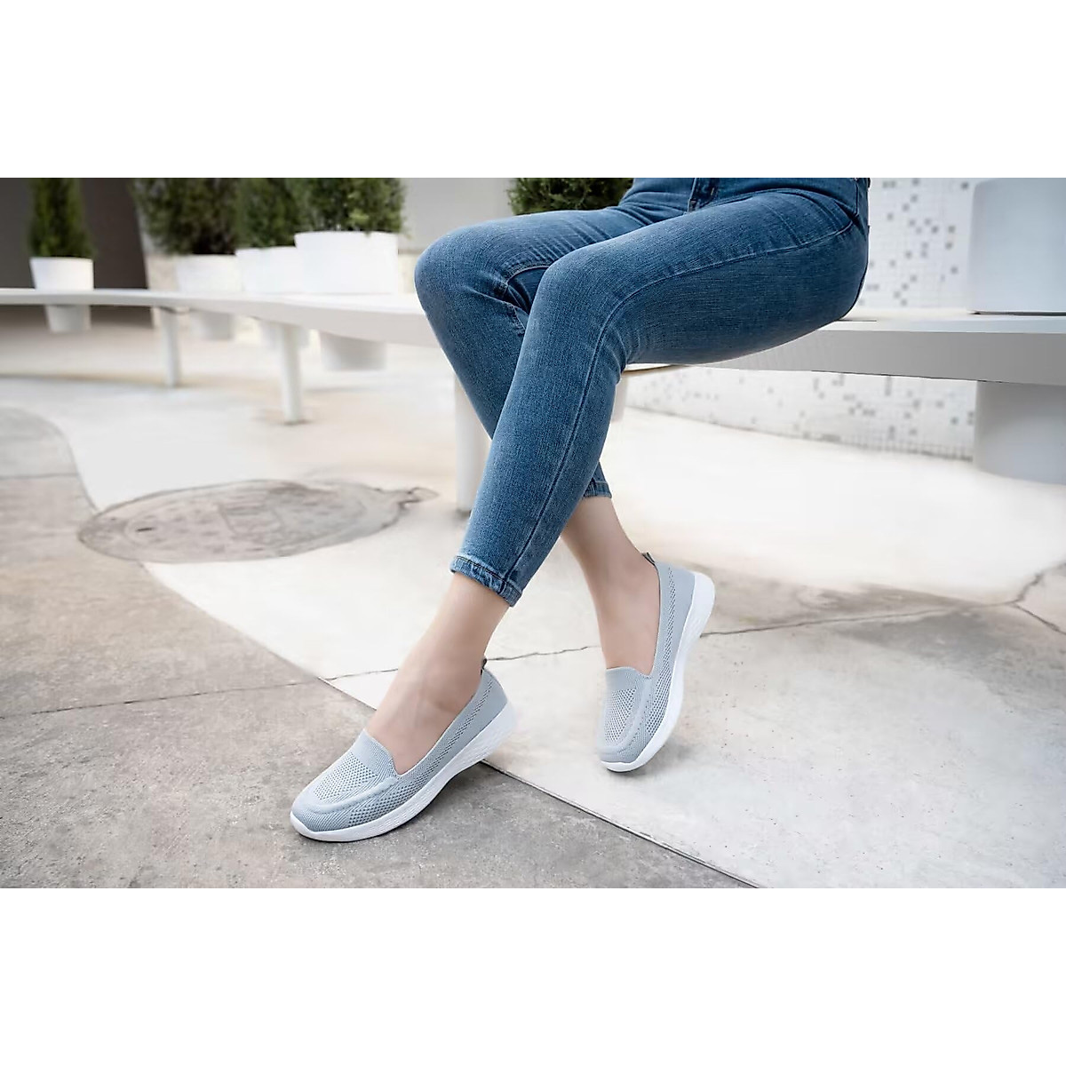 ZZS Womens Slip On Walking Shoes Lightweight Breathable Casual Low-Top Flats Memory Foam Mesh Loafers Soft Mesh Knit Comfortable Shoes,Light Grey 8