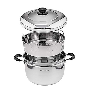 2 Tier Stainless Steel Steamer Pot Cookware Pot & Pan/Saucepan Cooking Set with Insert Basket, Great Steamer For Cooking Food, Tempered Glass Lid, Dishwasher Safe By Lake Tian (22cm/8.7in), 6qt