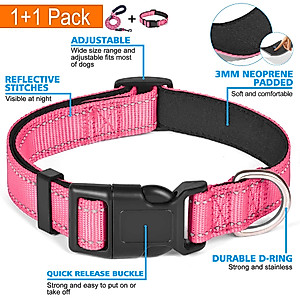 Ladoogo Reflective Dog Collar Padded with Soft Neoprene Breathable Adjustable Nylon Dog Collars for Small Medium Large Dogs (Large (Pack of 1), Pink Collar+Leash)
