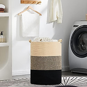 YOUDENOVA Cotton Rope Laundry Hamper, 72L Woven Collapsible Laundry Basket - Toy & Clothes Storage Basket for Blankets, Laundry Room Organizing, Bedroom Storage, Clothes Hamper Black & Brown