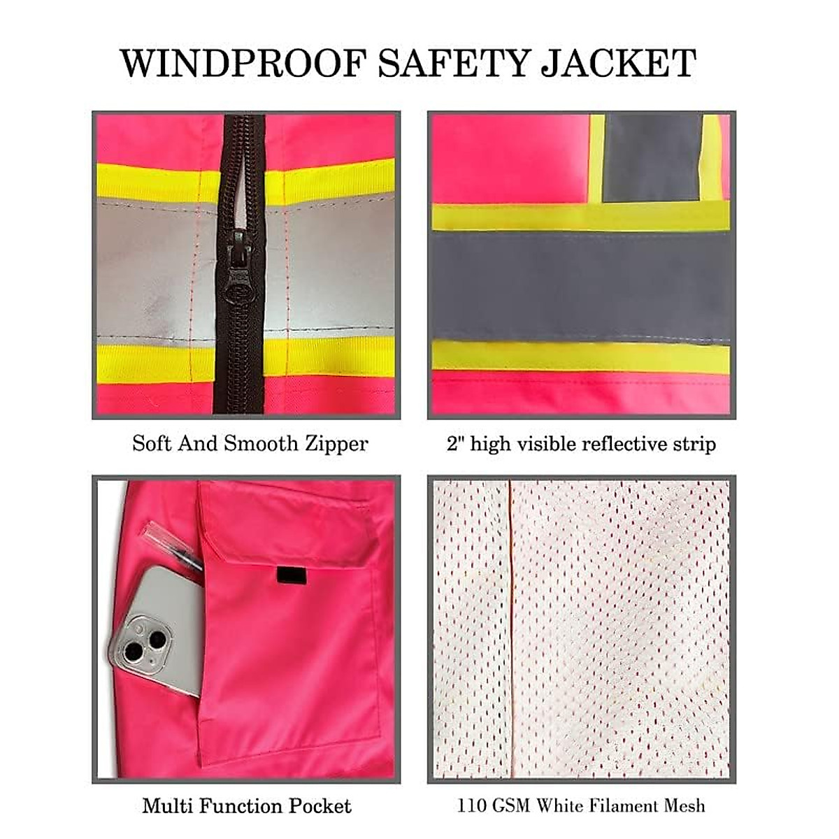 ZUJA High Visibility Bomber Safety Jacket ANSI Class 3 Reflective Jacket Pocket and Zipper Reflective Hoodie Windproof Hi Vis Rain Jacket for Men & Women (Pink, M)