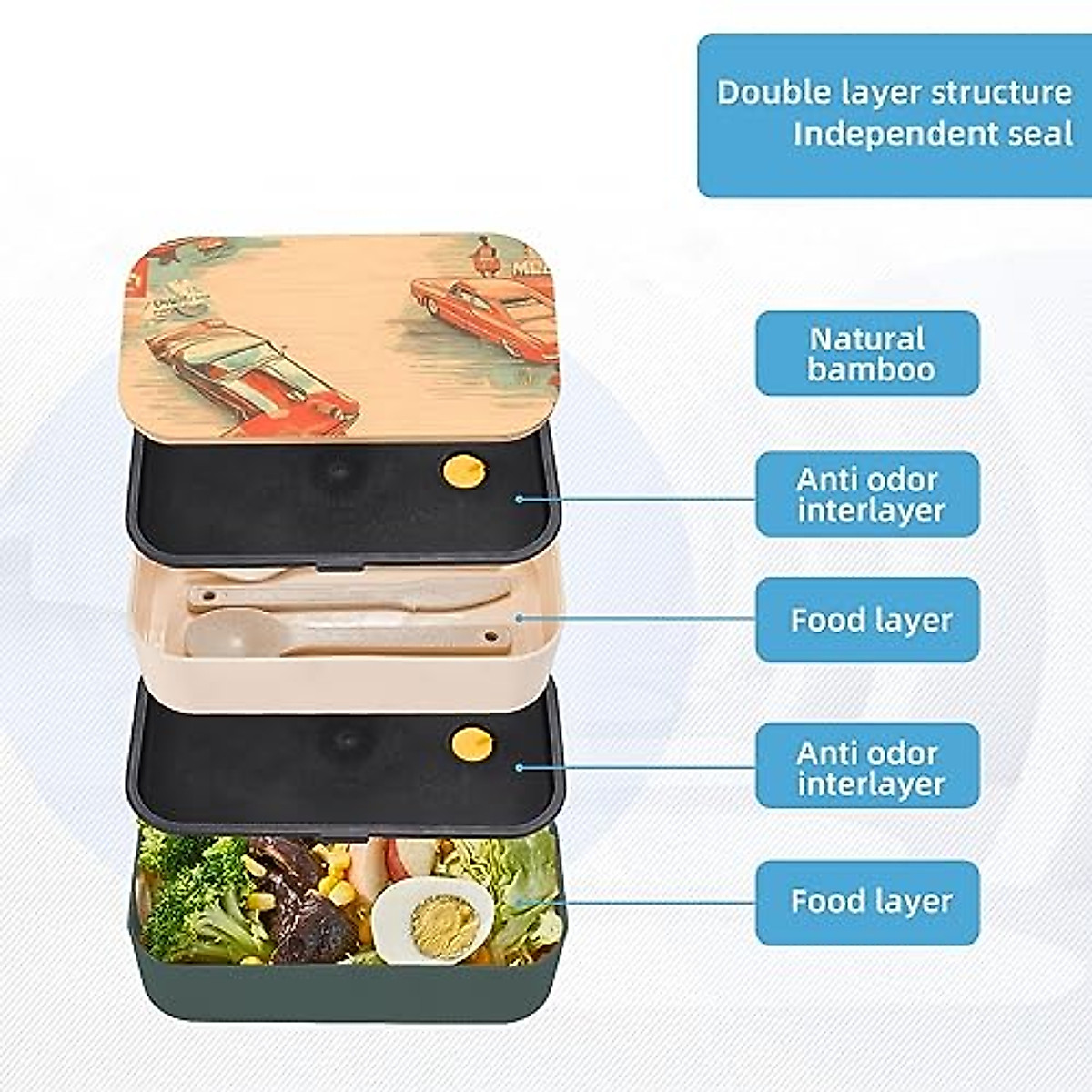 Poster Car Adult Lunch Box, Bento Box, With Cutlery Set Of 3, 2 Compartments, Rectangular, Lunch Box For Adults