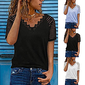 wodceeke Women's Lace V-neck T-shirt Sexy Solid Color Short Sleeve Tee Summer Casual Loose Tops (Purple, L)