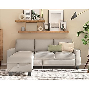 Beige Sectional Sofa Couch L Shaped Couchs with Ottoman Convertible 3 Seat Sofas for Living Room Small Space Apartment, Ottoman with Storage Space