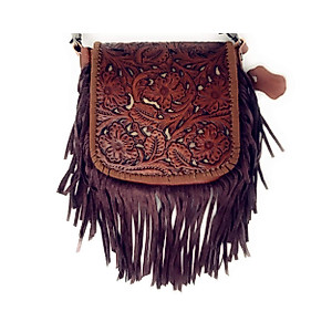 Western Genuine Leather Floral Tooled Fringe Womens Crossbody Bag 3 Color (Laser Cut Brown)
