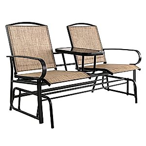 Amazon Basics 2-Person Outdoor Patio Textilene Glider Chair with Tempered Glass Table, 30.3"D x 56.5"W x 36.2"H, Brown