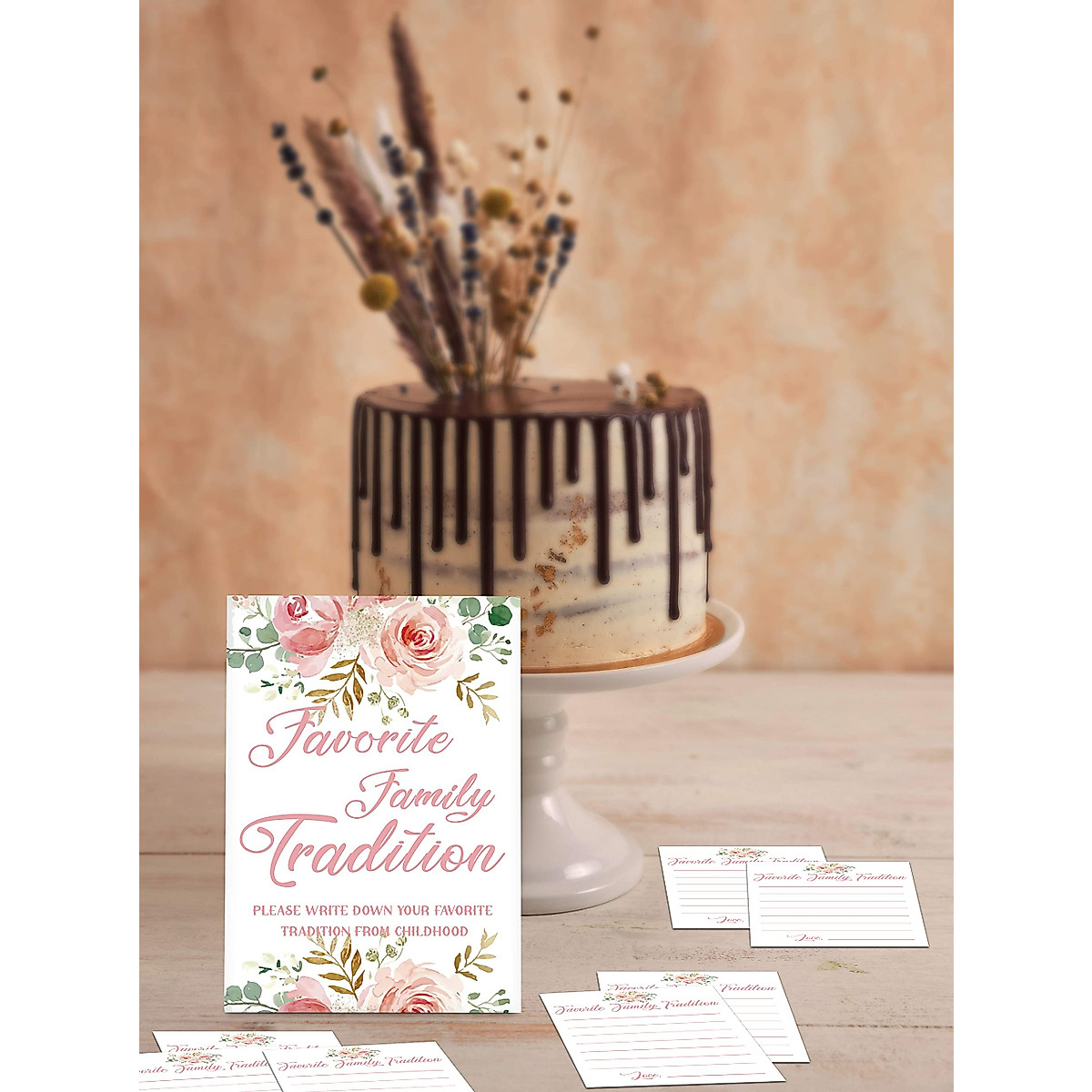 Baby Shower Game Set, Favorite Family Tradition, Floral Party Games(1 Standing Sign + 20 Note Cards), Blush Pink Baby Shower/Gender Reveal Party/Bridal Shower/Wedding Favor Decorations(A02)