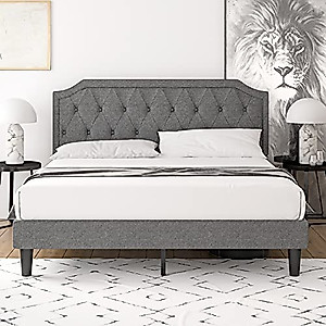 Einfach Bed Frame Queen Size, Upholstered Platform Bed with Sturdy Wood Slat Support, No Box Spring Needed, Easy Assembly, Light Grey