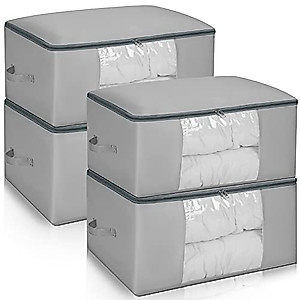 4 Pcs Comforter Storage Bag Blanket Organizer with Window Clothes Storage Organizer Bed Sheet Organizer Comforter Bags with Zipper Folding Organizer Bag for King, Queen Comforters, 24 x 19 x 11 Inch