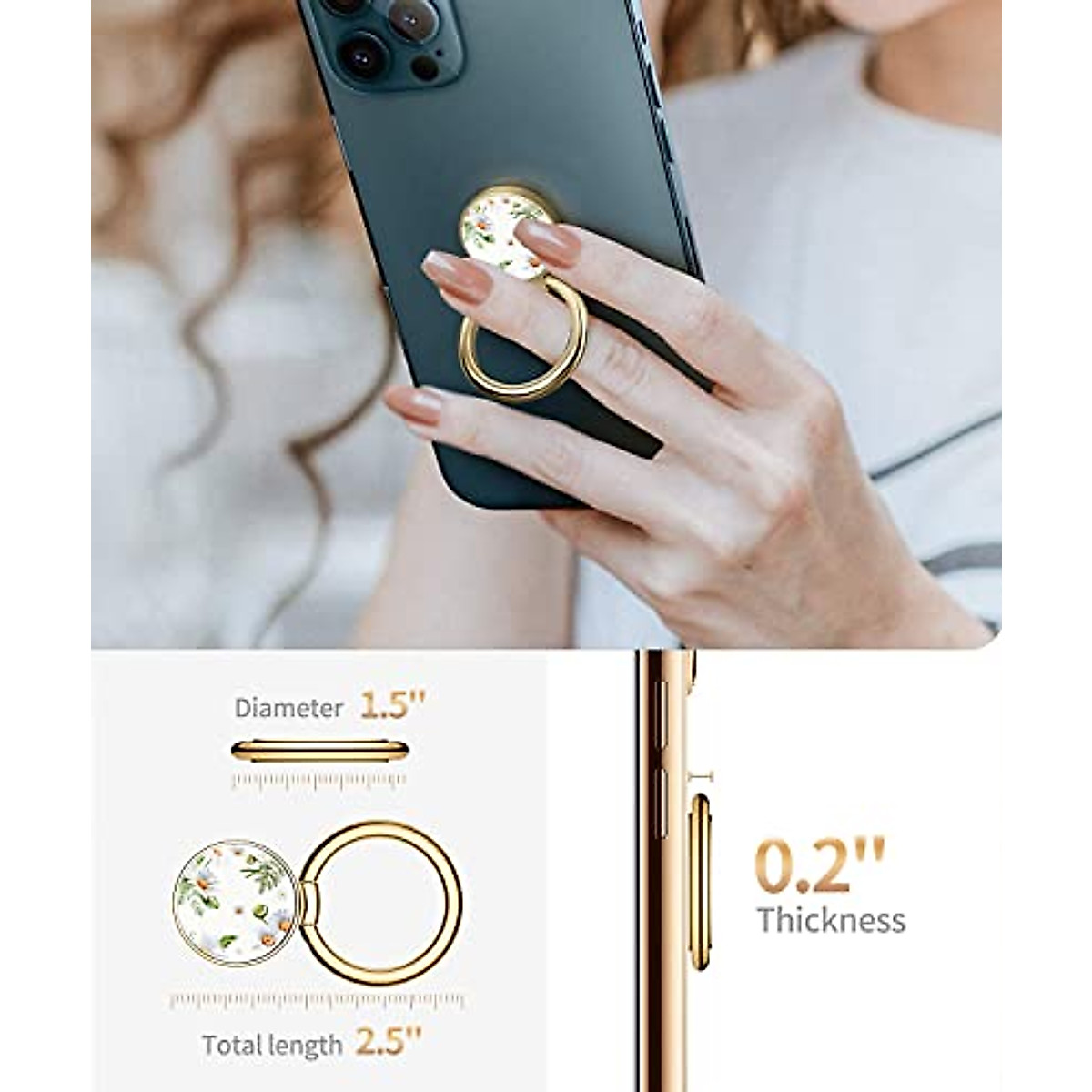 Cell Phone Ring Stand Finger Holder Flowers Pattern Paster Grip Kickstand 360°Rotation Metal Ring Grip for Magnetic Car Mount Compatible with iPhone Samsung Galaxy Pixel All Smartphone (Daisies)