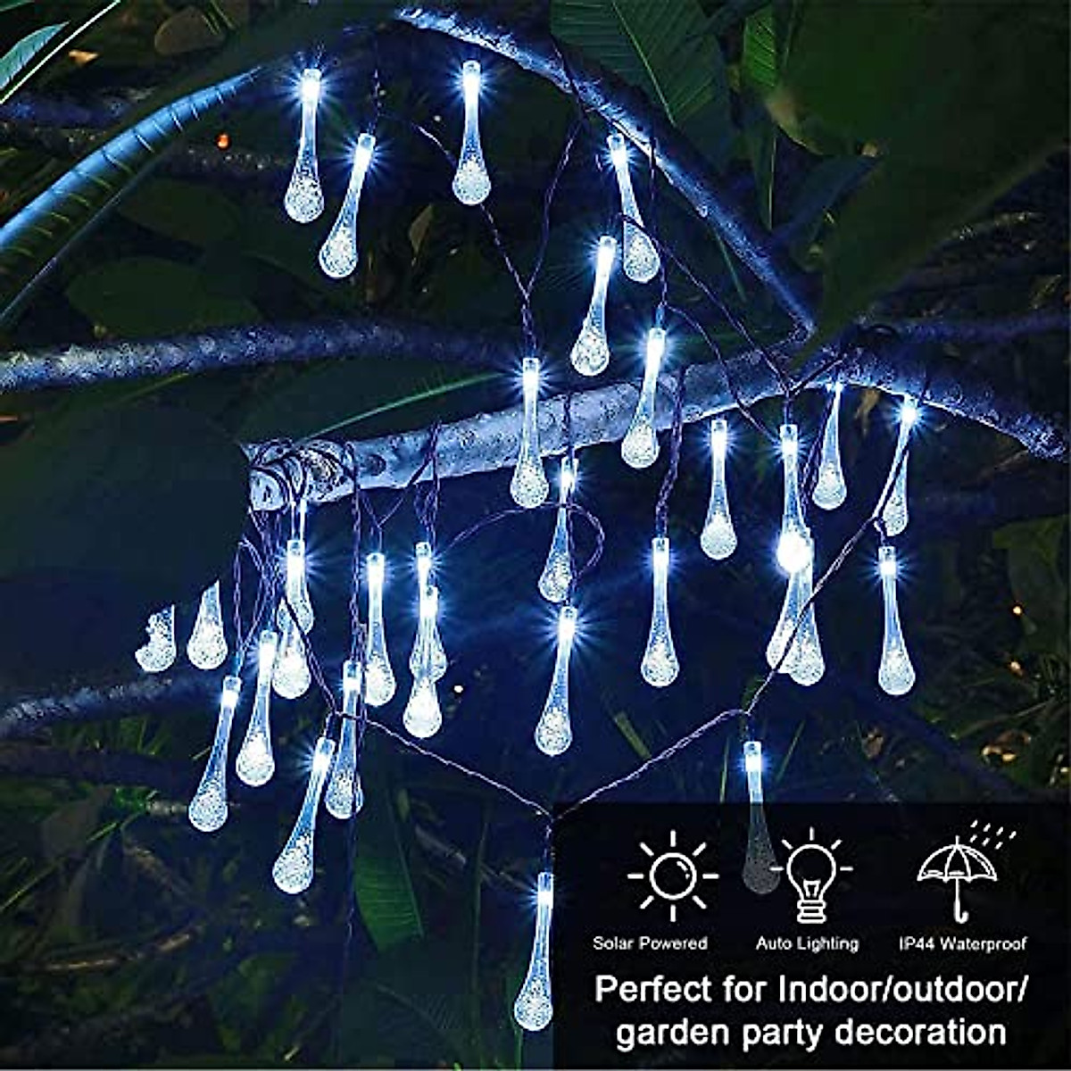 JMEXSUSS 2 Pack Solar Water Drop String Lights, Total 41.6FT 60 LED Solar Powered String Lights Outdoor Waterproof, 8 Modes White Solar Teardrop Lights for Gardens Patio Yard Party Holiday Decor