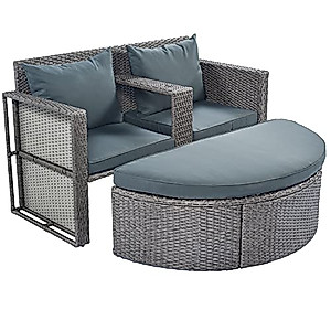 HHOK 2-Piece All-Weather PE Wicker Conversation Sofa, Outdoor Patio Half-Moon Sectional Furniture Set w/Side Table for Umbrella, Suitable for Poolside, Backyard Porch, Rattan+Gray Cushion