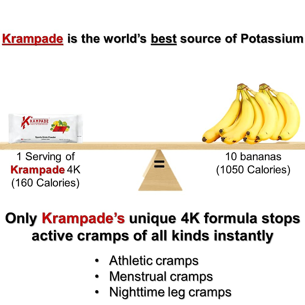 Krampade Electrolytes Powder Potassium Supplement - 4000 mg K+, >4X More Than Coconut Water | Instant Cramp Relief | Hydration Powder