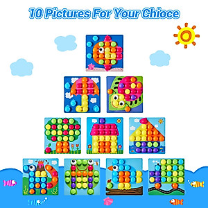 Geekper 68PCS Button Art Toys for Toddlers Color Matching Mosaic Pegboard, Early Learning Educational Toys for 3, 4, 5, 6 Year Old Kids Boys and Girls, 10 Pictures and 58 Buttons