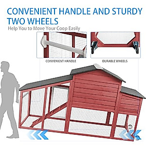 PetsCosset Chicken Coop Wooden Backyard Hen House - Indoor Outdoor for 2-3 Chickens, 2 Story Poultry Cage with Run, Chicken Nesting Box, Pull Out Trays and Anti-Slip Asphalt Ramp