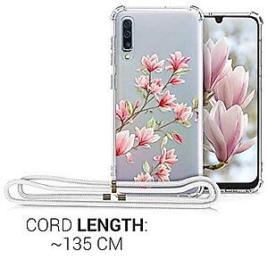 kwmobile Crossbody Case Compatible with Samsung Galaxy A50 Case Strap - Magnolias Pink/White/Transparent