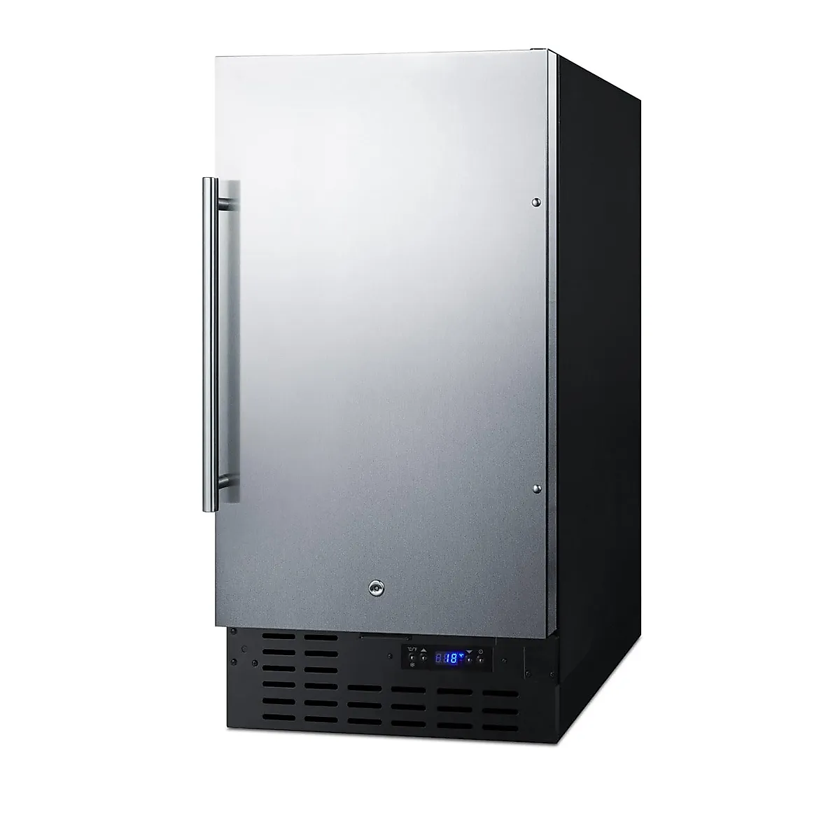 Summit Appliance BIM18SS 18" Wide Frost-Free Icemaker in for Built-in or Freestanding Use with Stainless Steel Door and Black Cabinet, Factory Installed Lock, Digital Thermostat, Digital Display