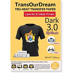 TransOurDream Iron on Heat Transfer Paper for Dark T Shirts (10 Sheets 8.5x11", Dark 3.0) Printable HTV Vinyl for Inkjet & Laserjet Printer, Transfers Paper for Dark Fabric