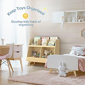 Curipeer Kids Bookshelf, Baby Book shelf and Toy Organizer, Wooden Open Bookcase with 5 Cubbies, 2-Tier Baby Storage Display, Christmas and Birthday Gifts for Playing Room, Nursery, Natural Wood Color