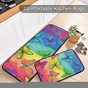 Kitchen Rugs and Mats 2 Pieces Rainbow Butterflies Anti Fatigue Kitchen Rug Set Non Slip Bath Mat Entry Floor Carpet Entrance Door Mat Runner 20"x28"+20"x47" 20"x28"+20"x47"