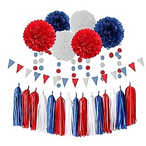 Fourth-4th of July Imemorial-Day Party-Decorations - 23pcs Red White Blue Graduation Banner, USA Patriotic Tassel Garland Streamers, Paper Tissue Pom Poms, America Independence Decor Lasting Surprise