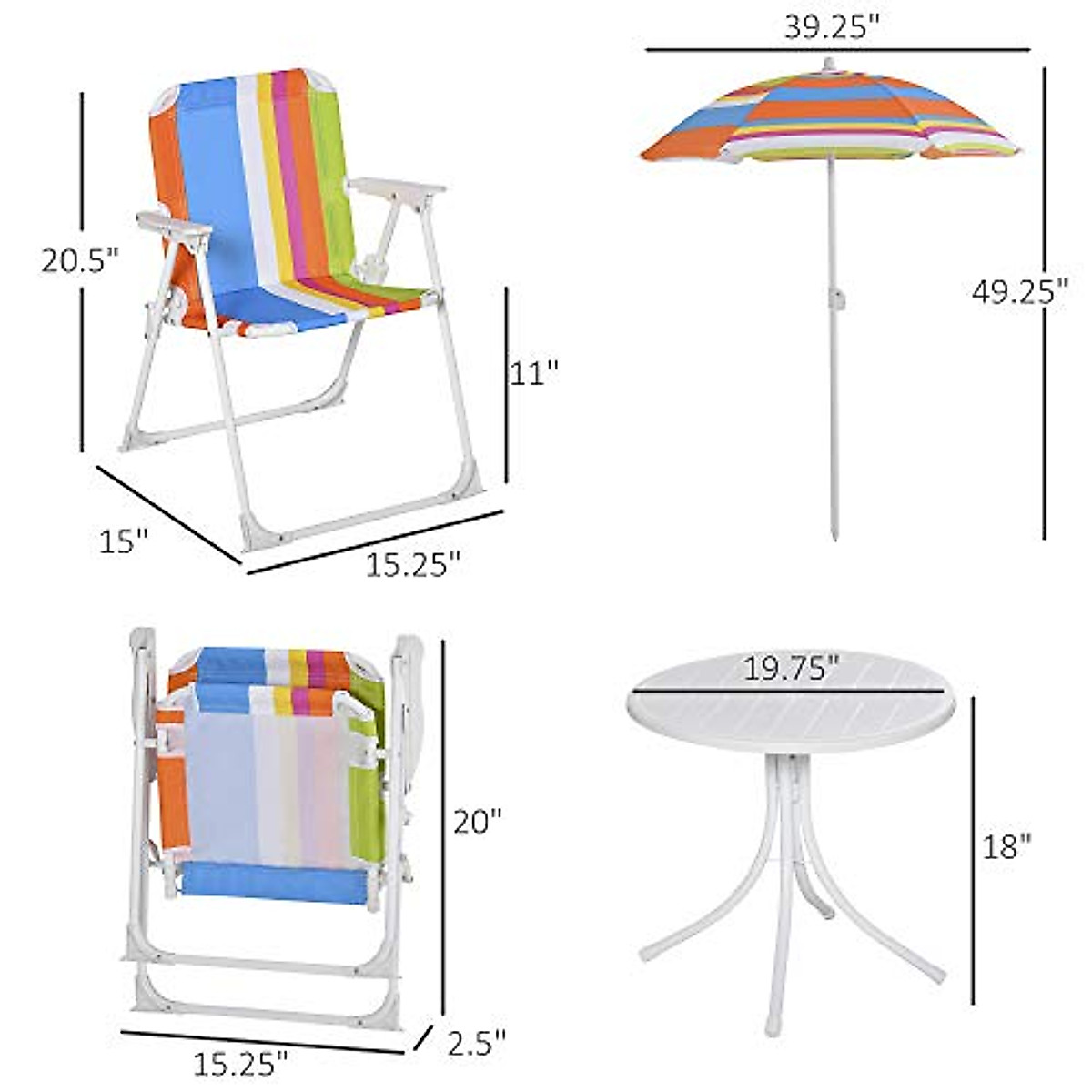 Outsunny Kids Folding Table and Chairs Set Color Stripes for Outdoor Garden Patio Backyard with Removable & Height Adjustable Sun Umbrella, Multi