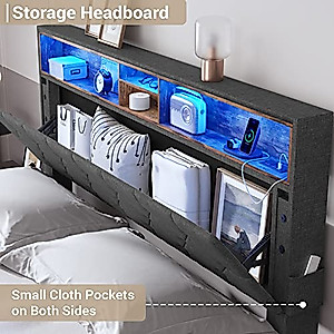 Tiptiper LED Bed Frame Queen Size with Outlets and USB Ports, Queen Bed Frame with Headboard Storage, Button Tufted Platform Bed with LED Lights, No Box Spring Needed, Easy Assembly, Dark Grey