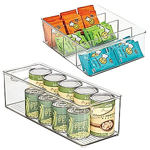 mDesign Kitchen Plastic Storage Organizer Combo Set of 2 Bins - For Kitchen, Pantry, Cabinet, Fridge/Freezer for Organizing Snacks, Produce, Vegetables, Pasta Food, 2 Piece Set - Clear