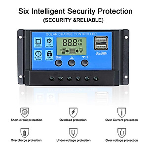 30A Solar Charge Controller 12V/ 24V Solar Panel Charge Controller Dual USB Charge Regulator Intelligent, Adjustable Parameter LCD Display and Timer Setting ON/Off Hours