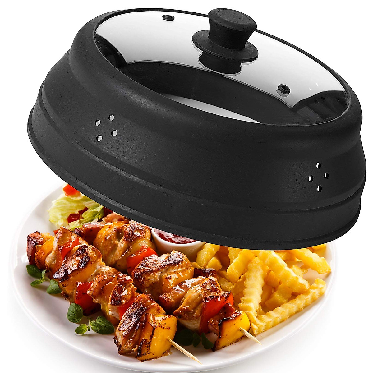 Bezrat Vented, 12-inch Collapsible Microwave Plate Cover for Food, Black - Silicone and Glass Splatter Guard Lid - Fits Plates, Bowls and Meal Prep Containers up to 11.8 x 4 Inch (Black)