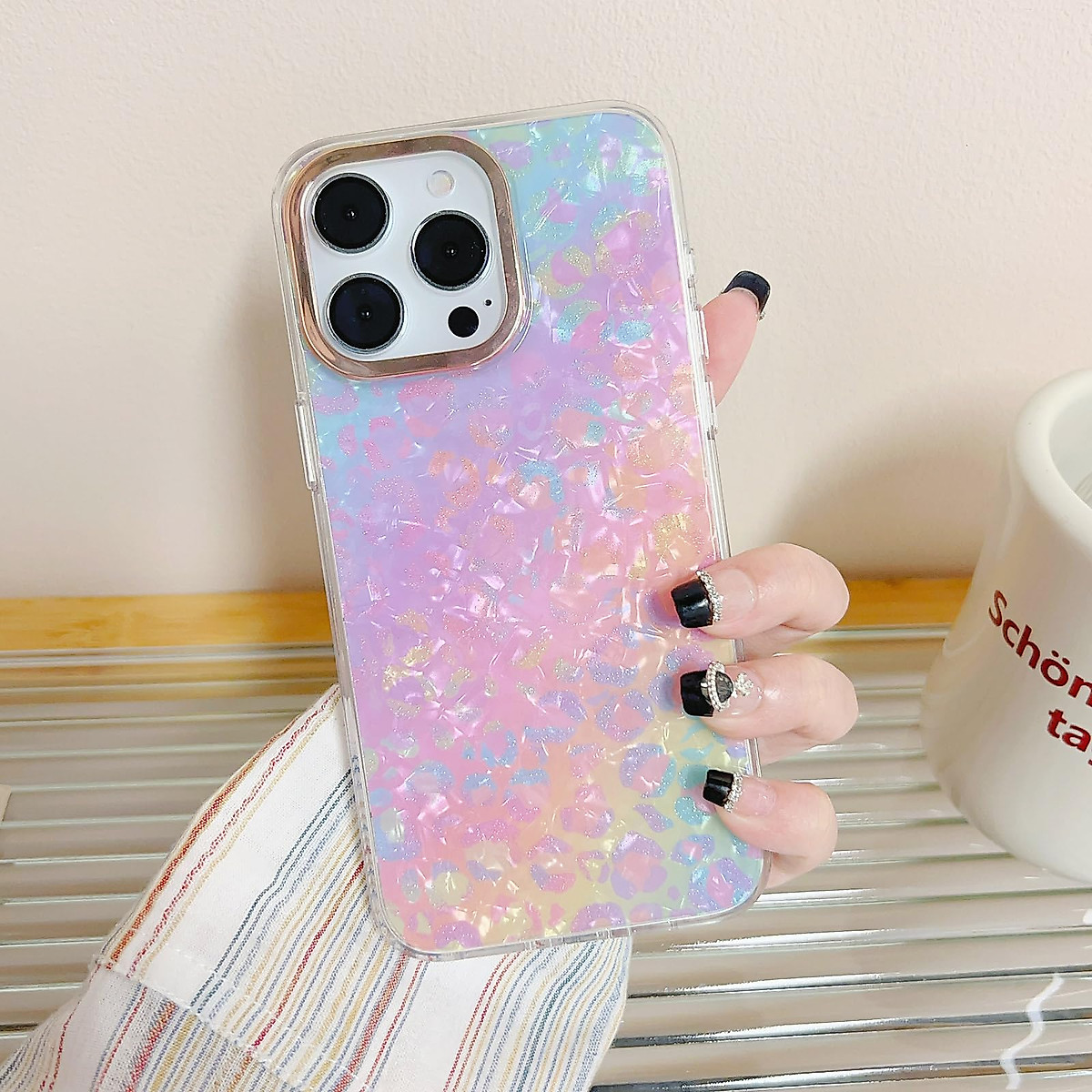 YeLoveHaw for iPhone 15 Pro Max Phone Case for Women Girls, Glitter Pink Purple Leopard Print Pattern, Shiny White Shell Slices, Slim Hard Protective Cover for iPhone 15ProMax 6.7''(Colorful Leopard)