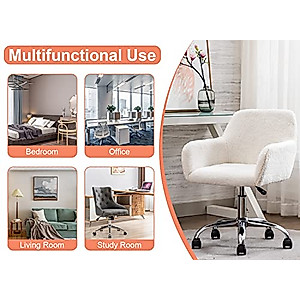 Home Office Desk Chair Height Adjustable - Faux Fur Desk Chair Wheels Swivel Rolling Office Chair, Modern Cute Computer Task Chair, Accent Chair Fluffy Desk Chair White Vanity Chair for Women, Girls