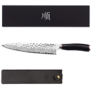 YOUSUNLONG Gyuto 10 inch Pro Chef's Knives Japanese Hammered Damascus Natural Leadwood Handle with Leather Sheath