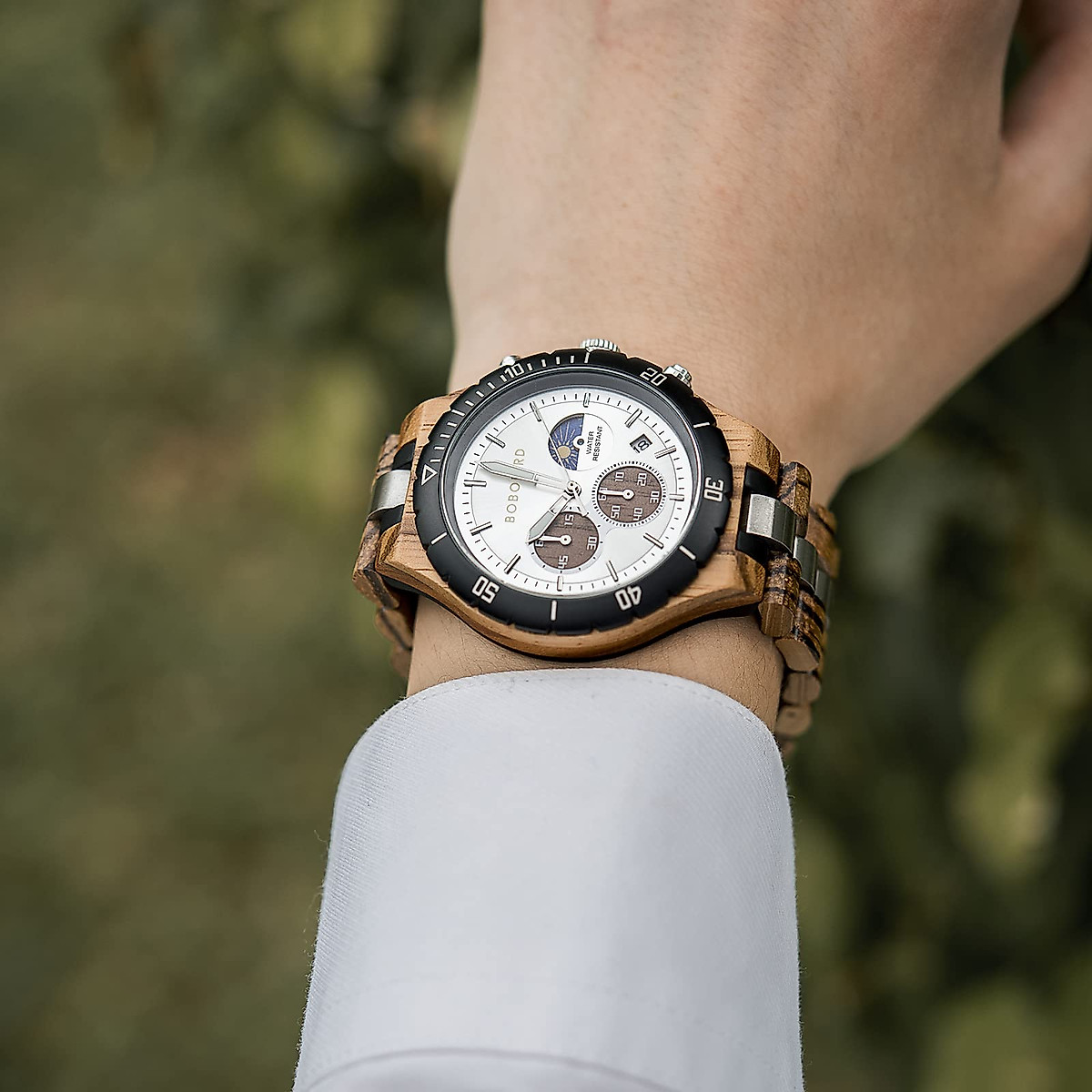 BOBO BIRD Mens Quartz Wooden Watches Stainless Steel Red Sandalwood Alloy Wood Watch for Male Classic Function Wristwatch Chronograph Luminous Hands (Silver)