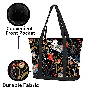 bisibuy Floral Flowers Leaves Berries Tote Bag Tote Bag for Women Reusable Grocery Shopping Cloth Bags with Zipper Large Capacity Foldable Handbag Gym Bag for Gift Activity