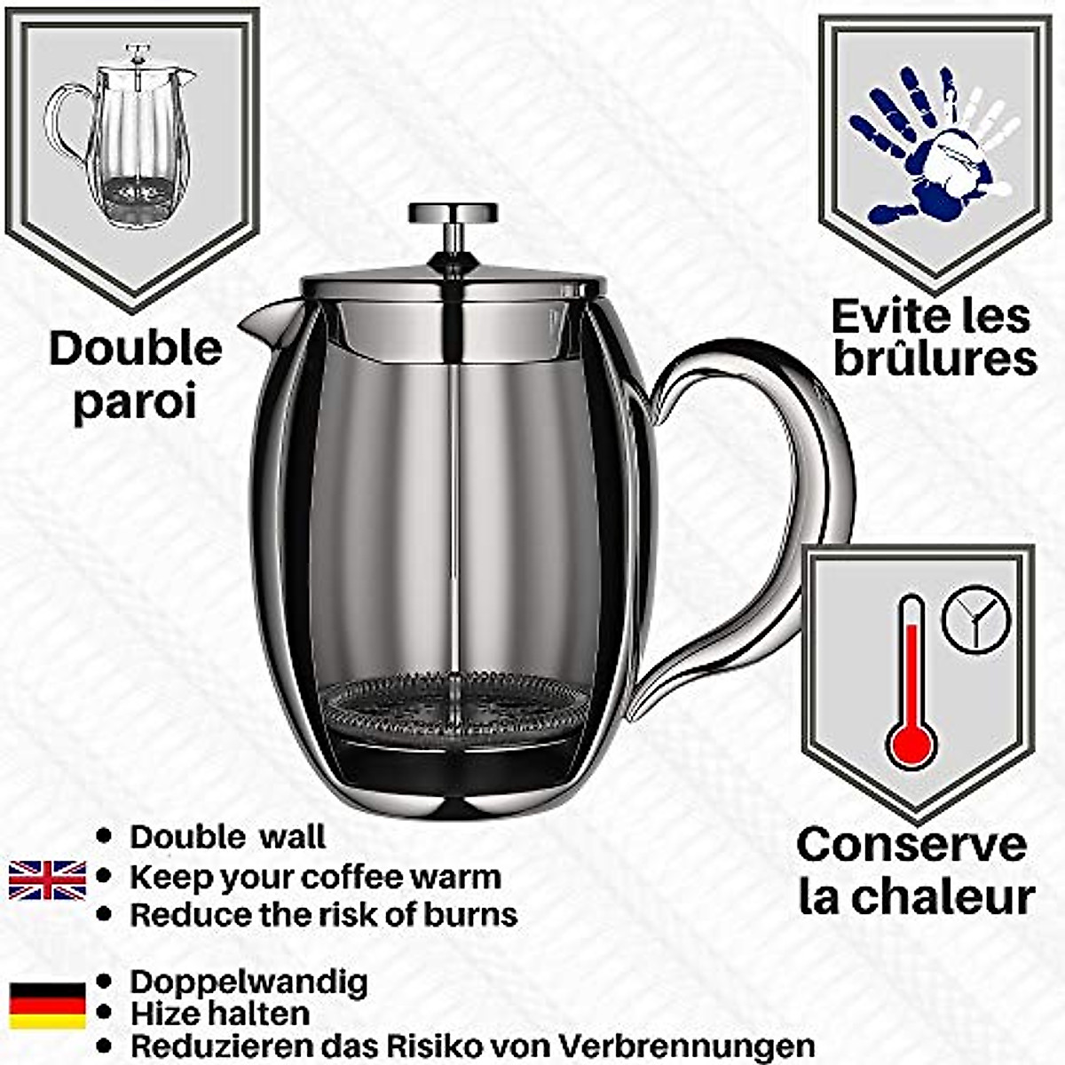 Cafetiere French Press Coffee Maker by VeoHome - Unbreakable and keeps coffee hotter for a long time thanks to its double wall (0.75 Liter)
