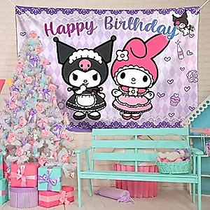 5x3FT Purple Themed Birthday Party Supplies, Cute Cartoon Birthday Banner, Anime Birthday Decorations Backdrop for Girls, Kawaii Themed Background for Party